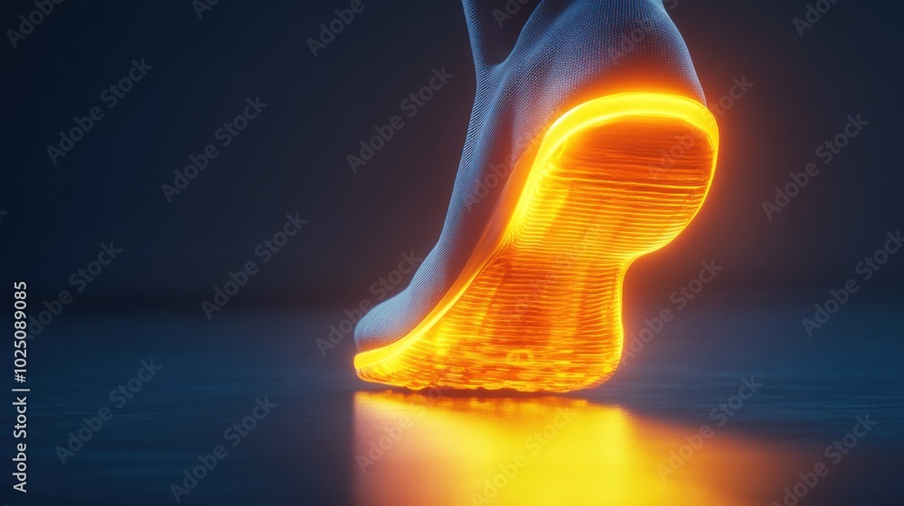 Rear view of a 3D foot with the heel illuminated in orange ...