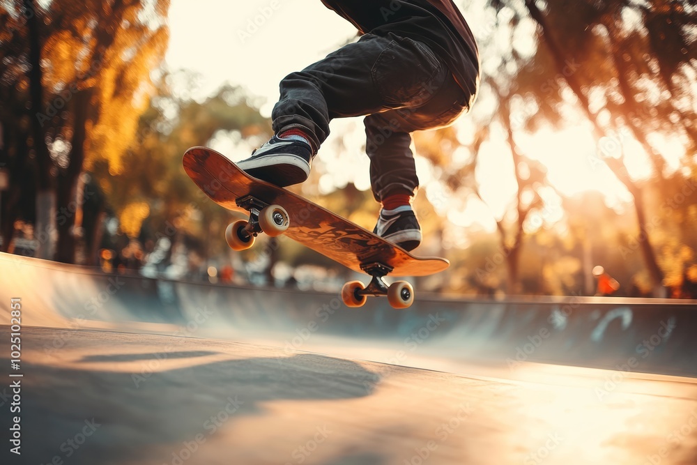 Skateboarder is in mid-air, performing a trick on a skateboard. Freeze ...