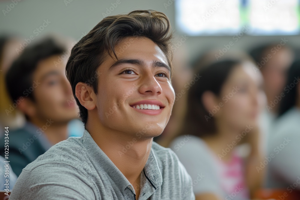 Young man with a smile on his face is sitting in a classroom. He is ...