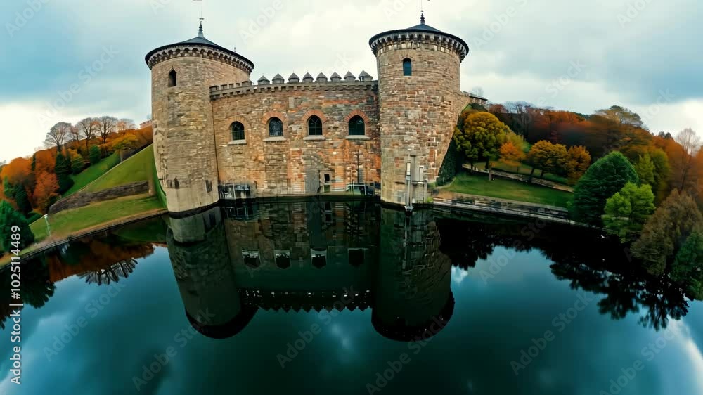 Camera flies around a medieval castle reflected in a calm lake ...