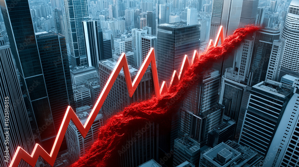 image depicts dramatic stock market trend with red line representing ...