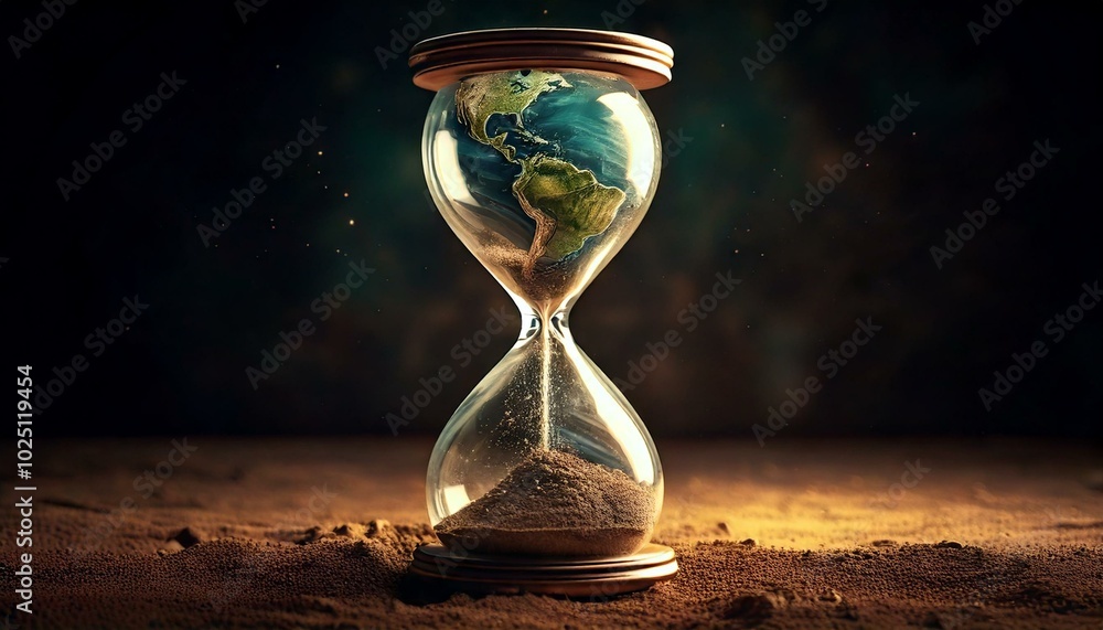 An hourglass with the planet Earth gradually dissolving into sand ...