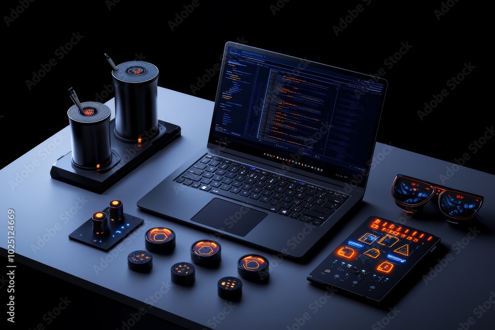 Ethical hacking tools placed simply on a clean desk, with a laptop open ...