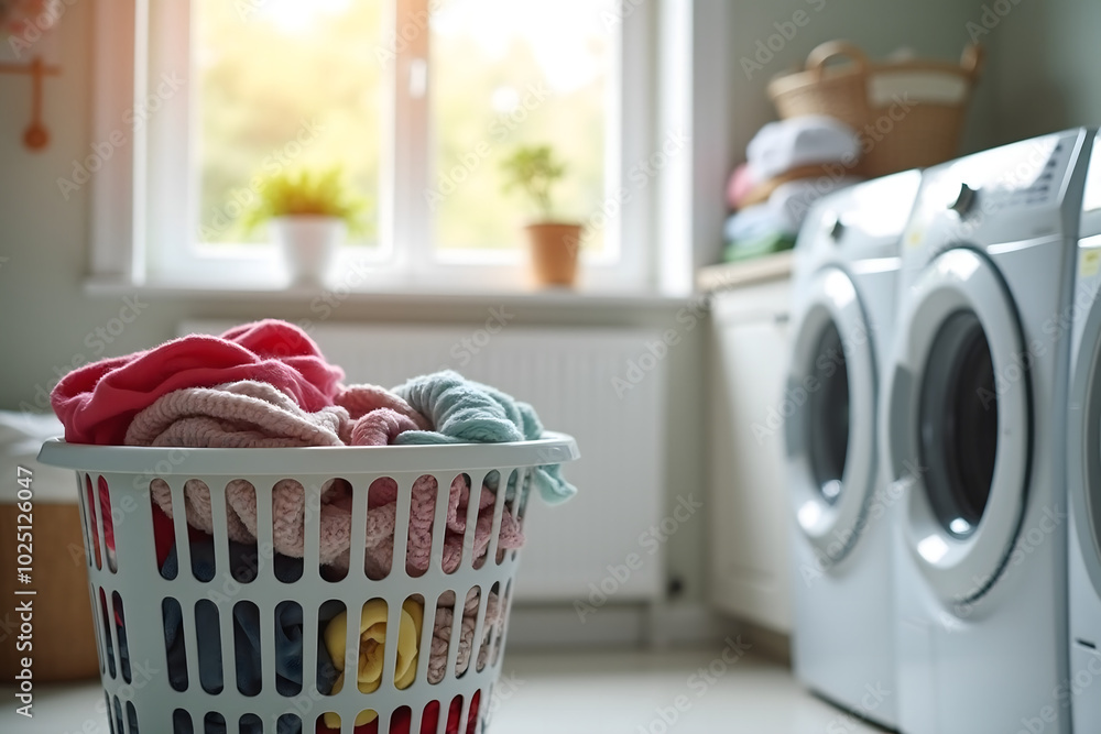 Laundry basket full of clothes, right side, laundry room, washing ...