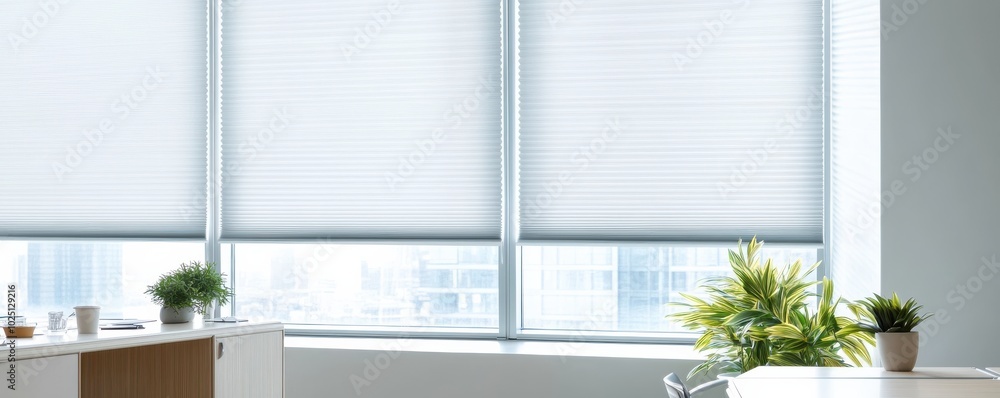 Bright and modern office interior featuring sleek blinds and potted ...