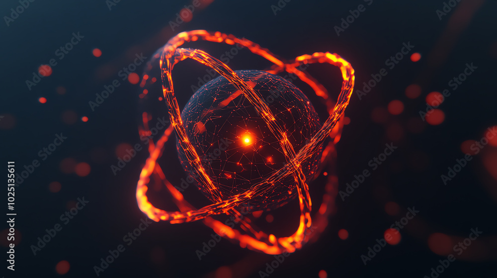 A vibrant visualization of an atom with glowing rings and particles ...