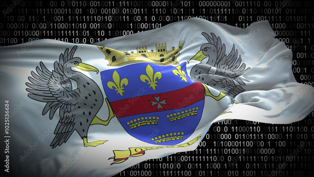 Binary code on flag of Saint Barthelemy. Program source code or Hacker concept on Saint ...