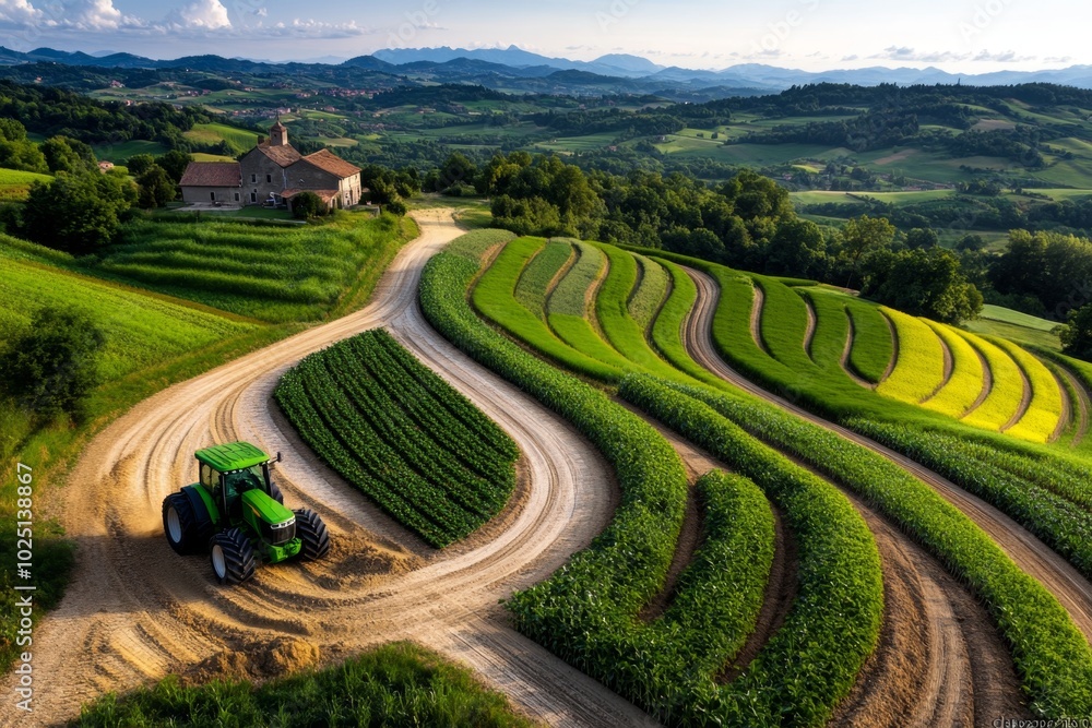 Farmland divided into sections for crops like wheat, corn, and ...