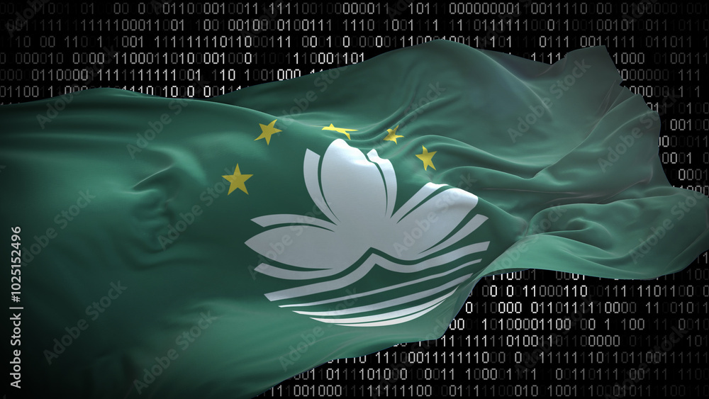 Binary code on flag of Macau. Program source code or Hacker concept on Macanese flag. Macau ...
