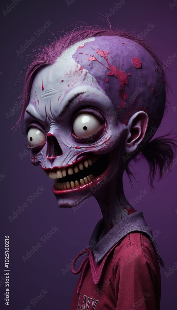 A hyper-detailed, silly girl zombie head on the right side, one eye ...