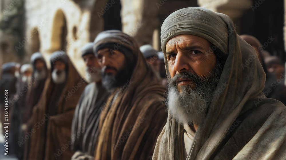 A group of Pharisees sitting while deciding the fate of Jesus Christ ...