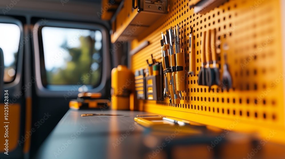 A well-organized work van interior with a pegboard wall displaying a ...