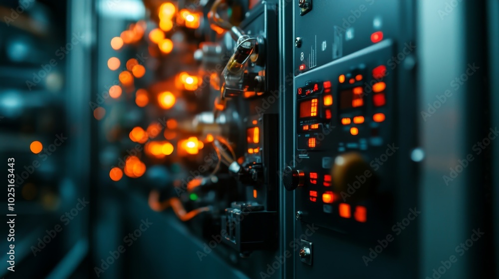 Close-up of a modern industrial machine control panel with red lights ...