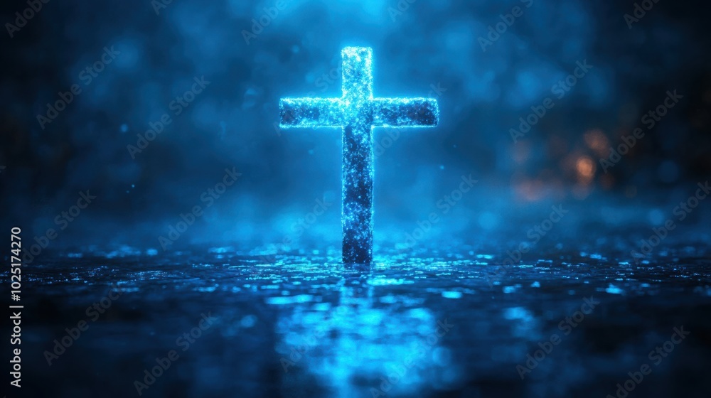 Glowing blue cross in foggy atmosphere, spiritual light in dark ...