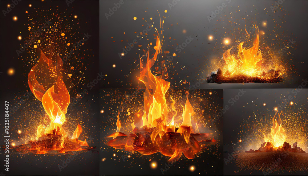 Vibrant fire flames dance against a dark background in various ...
