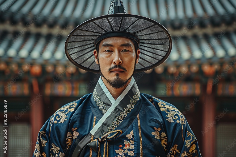 Serious Korean man in traditional hanbok and ceremonial hat, standing ...