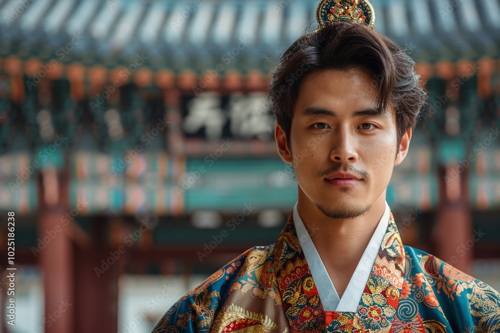 Korean man in traditional hanbok, standing confidently in front of a ...