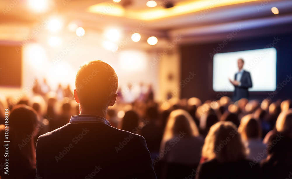 Man standing in front of a crowded audience, viewed from behind, in a ...