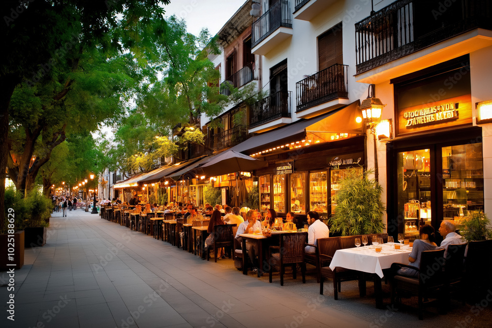 A Picturesque Street View Of A Tapas Bar In Madrid, With Patrons ...