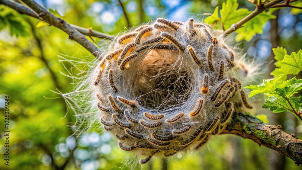 A close up detailed view of an oak processionary caterpillar nest ...