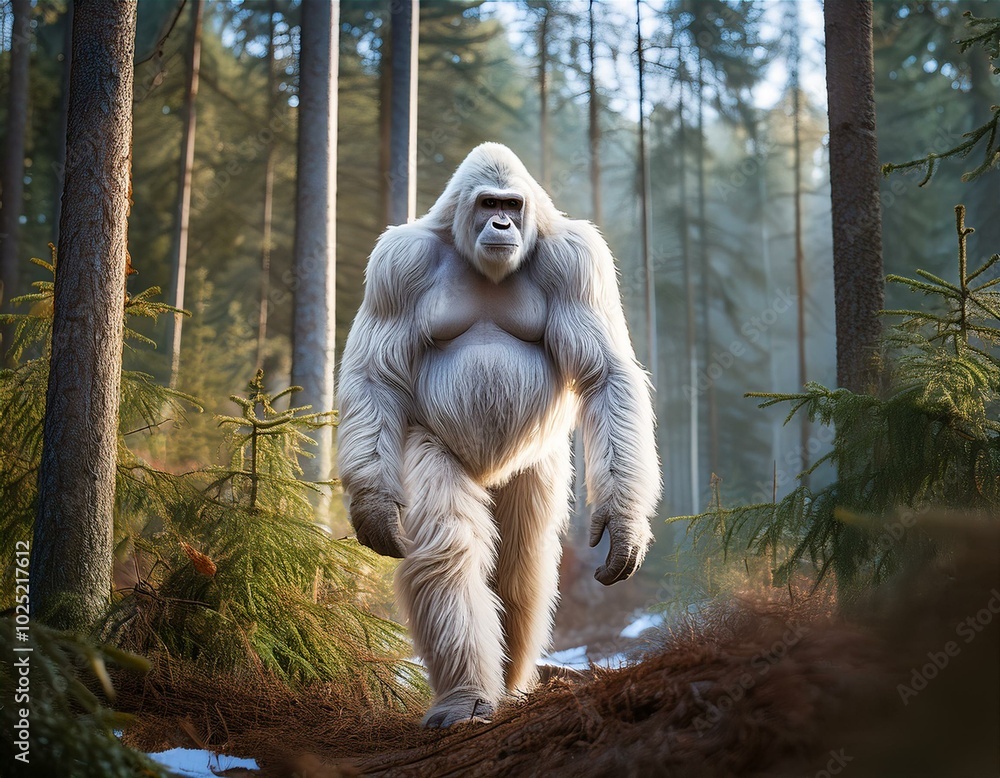bigfoot in the woods walking at day time neural network generated photorealistic image Stock ...