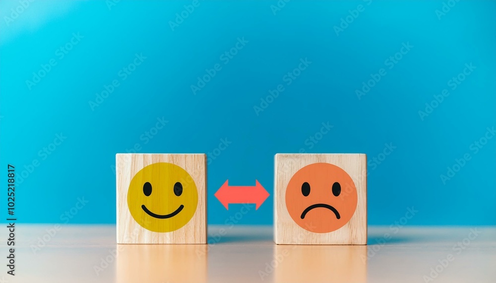 customer satisfaction happy and sad face on wood blocks with arrow ...