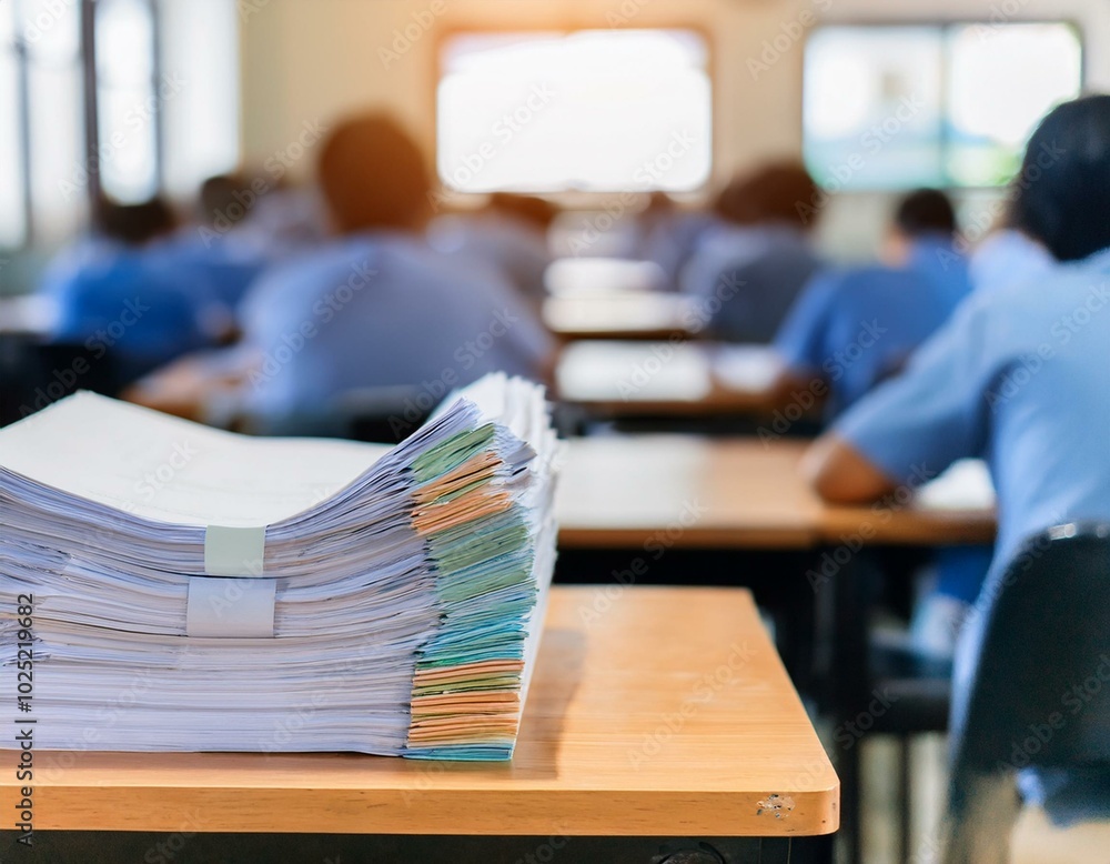 exam answer sheet pile blurry application document paperwork stack on ...