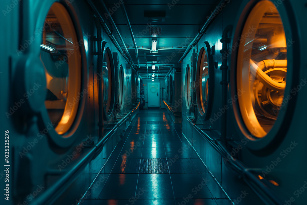 High-tech submarine interior with control panels and narrow passages ...