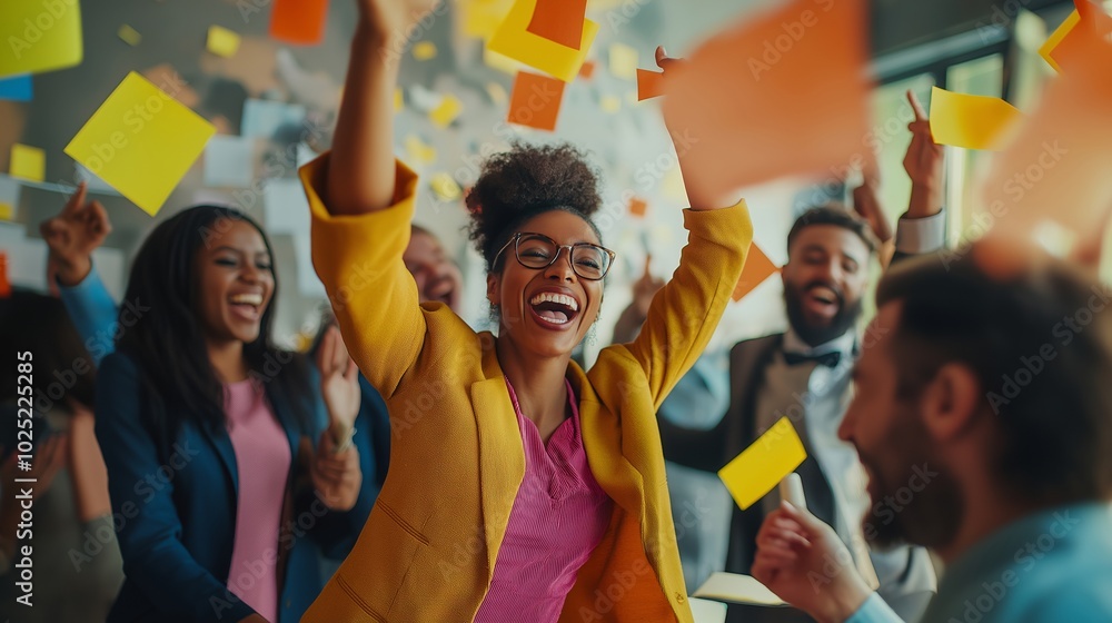 Diverse Office Workers Celebrating a Successful Project with Raised ...