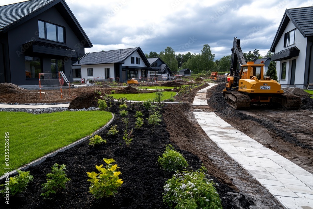 Residential area under development, with newly constructed homes ...