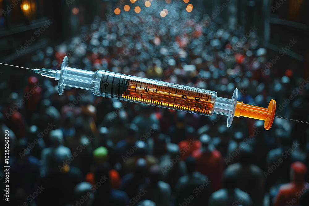 A massive syringe towering above a crowd of people, representing the ...