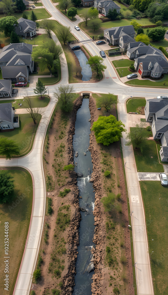 Suburban neighborhood along concrete channels facilitates drainage from ...