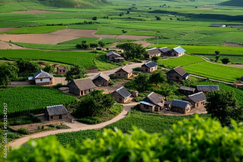 Rural village surrounded by fields of crops, where small houses and ...