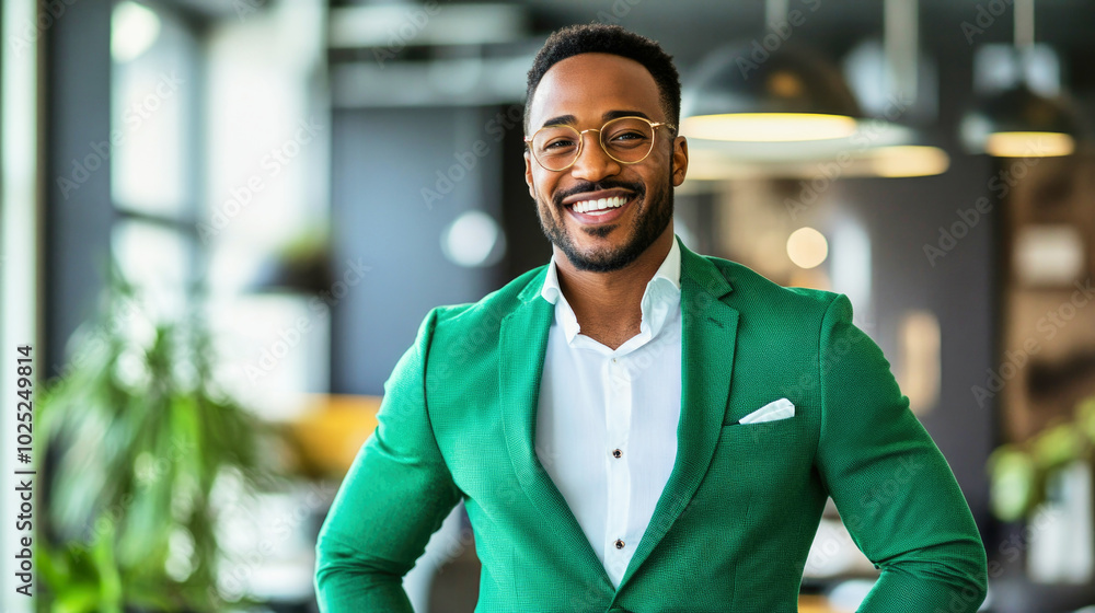 Joyful man in a bright green business suit smiling confidently in a ...