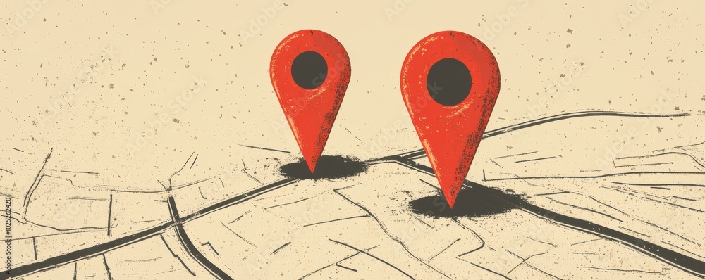 Red location pins are placed on a simple map design depicting ...