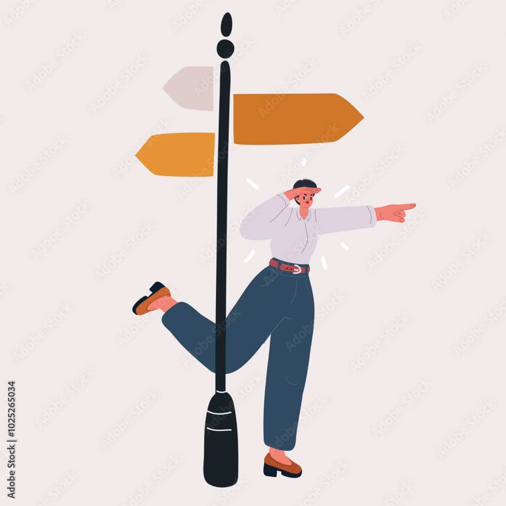 Cartoon vector illustration of a woman at a crossroads pointing in the ...