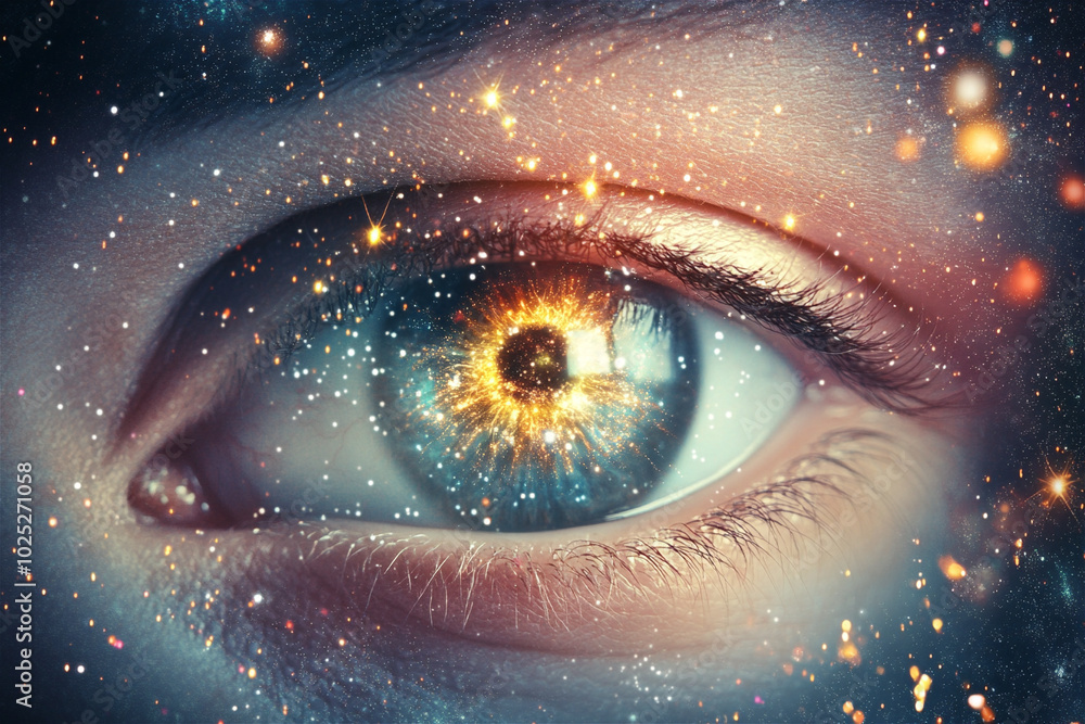 Close-up of a woman eye reflecting universe and galaxy with bright ...
