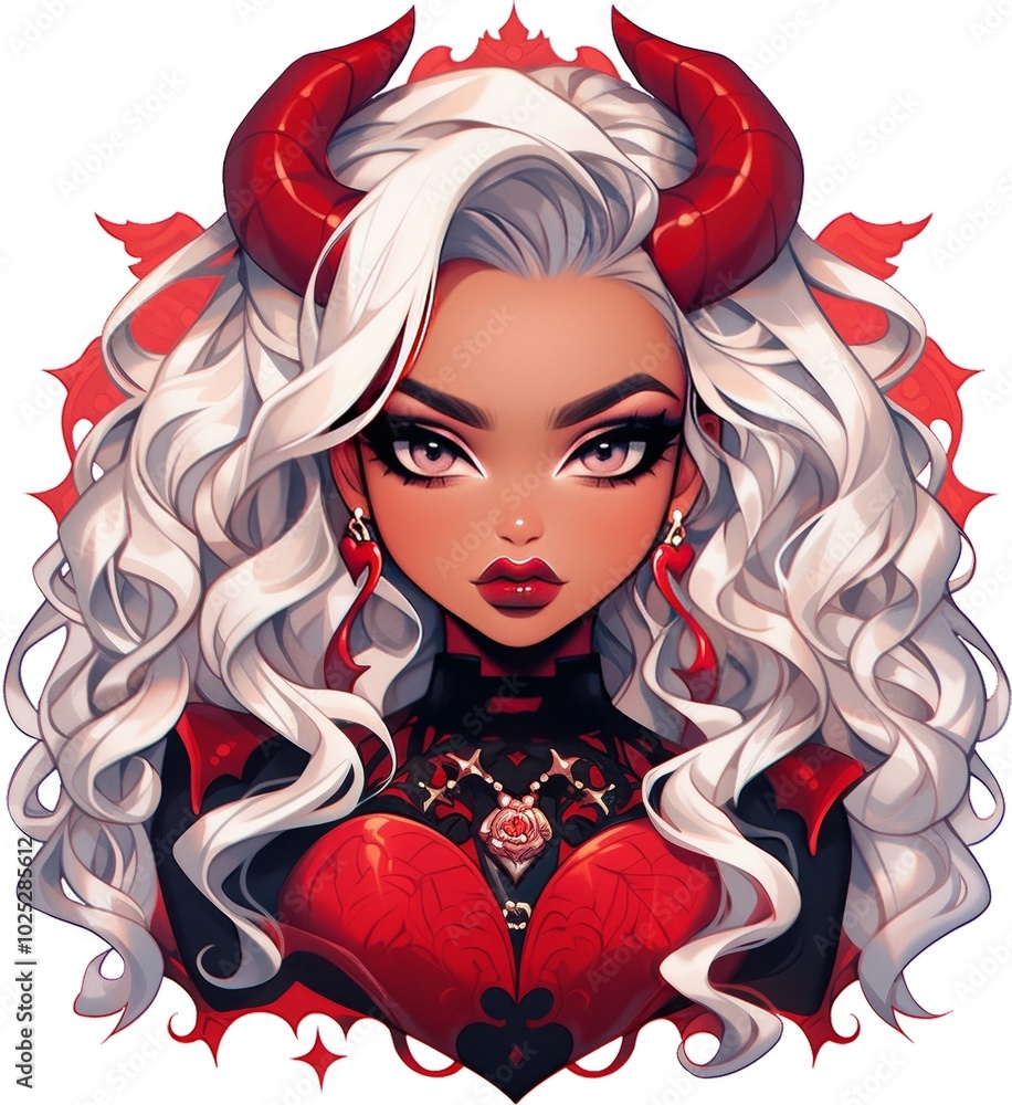 Stylized illustration of a devil woman with white hair, red horns ...