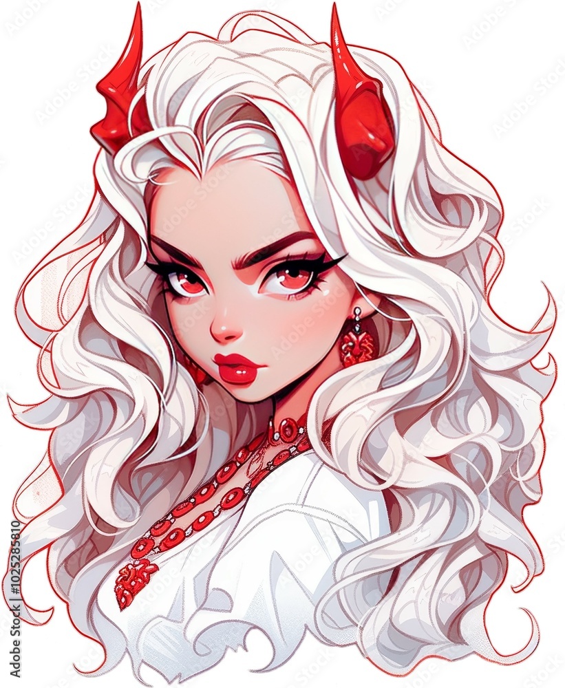 Stylized illustration of a devil woman with white hair, red horns ...