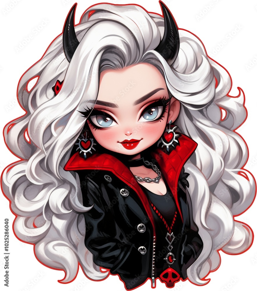 Stylized illustration of a devil woman with white hair, red horns ...