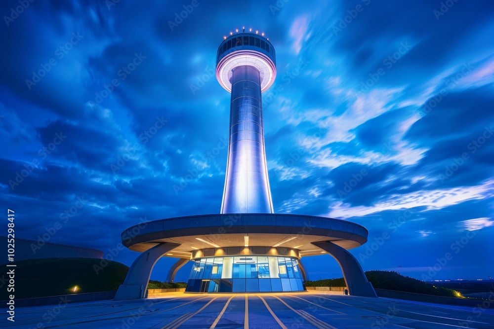 Modern control tower with circular observation deck illuminated at ...