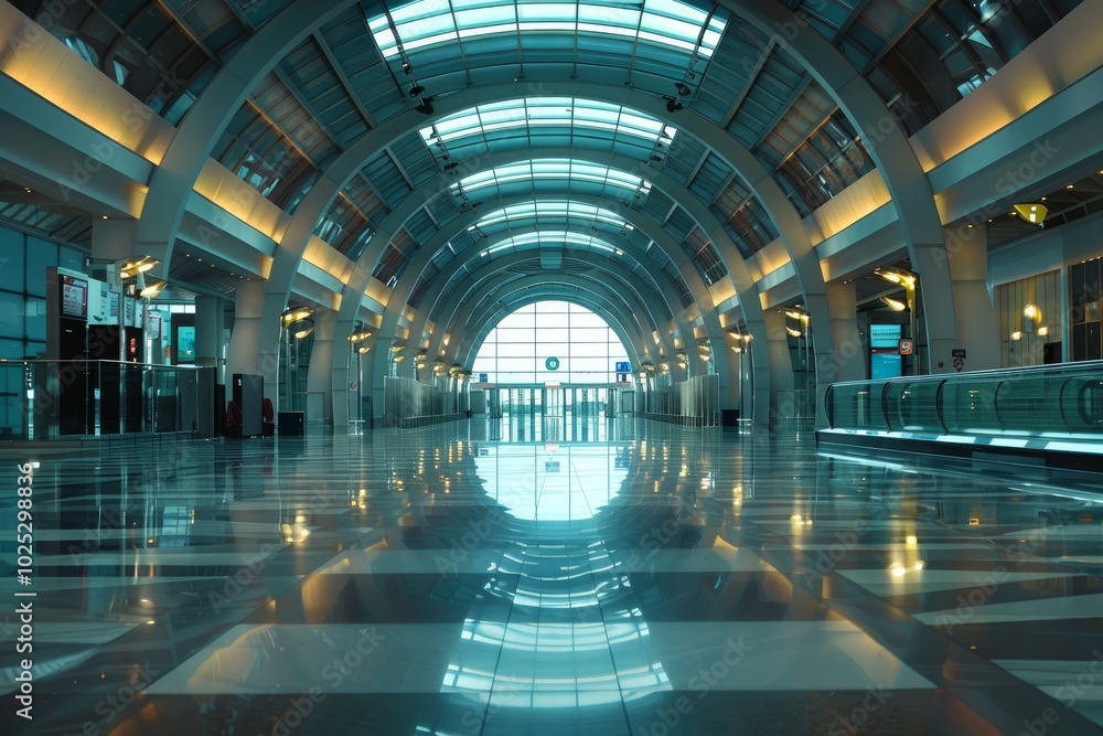 Empty modern airport terminal with shiny floor reflecting the curved ...