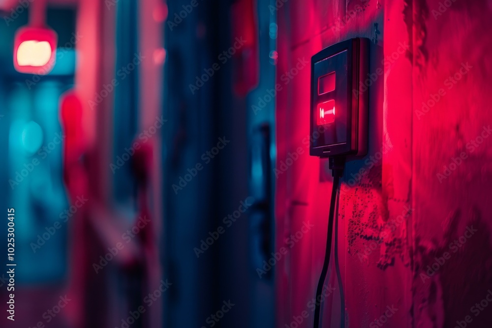 Red emergency button is flashing on a wall in a dark corridor with a ...