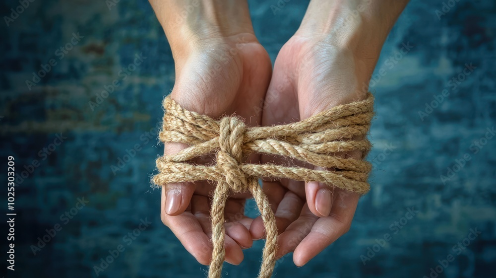 hands tied together in symbolic bondage, representing restrictions and ...