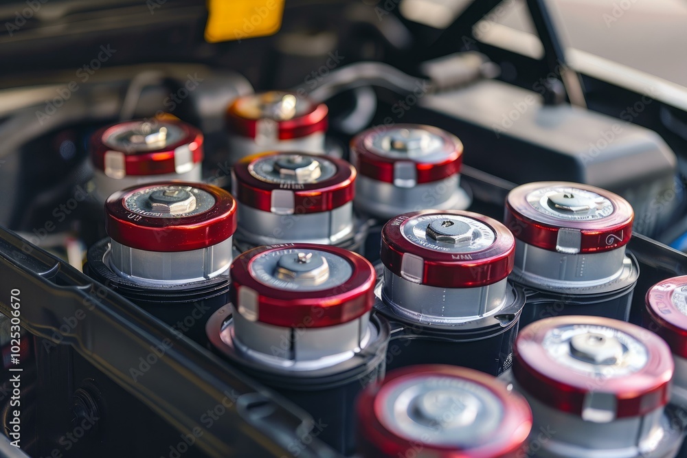 Lithium ion battery cells are shown in a close up image of a modern ...