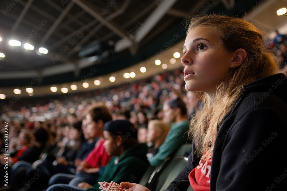 A young woman, appearing thoughtful and attentive, watches an event ...