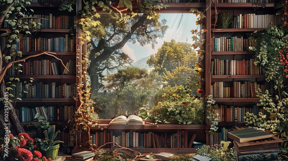 High-resolution image of a screen-free zone, books and nature, no ...