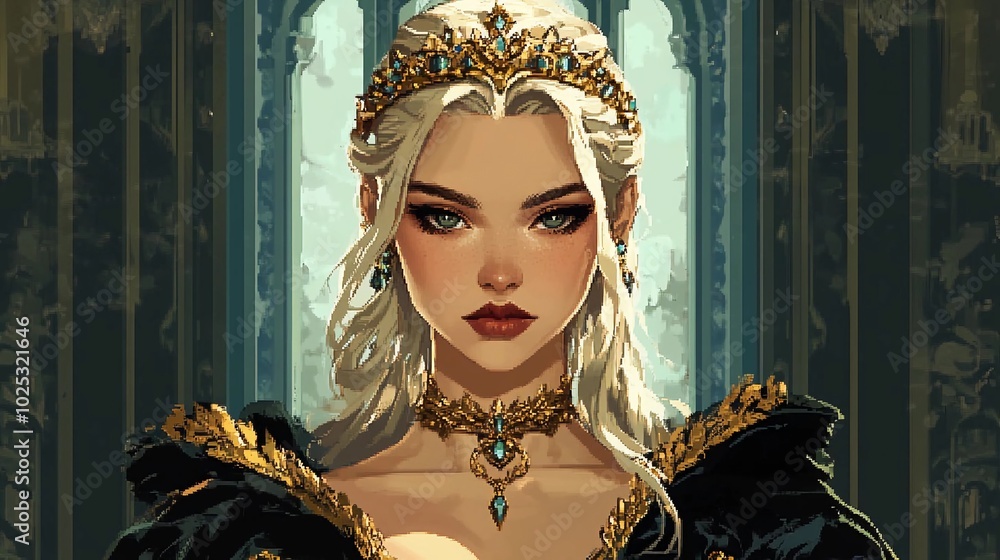pixelated 2D game character portrait of a regal queen with a jeweled ...