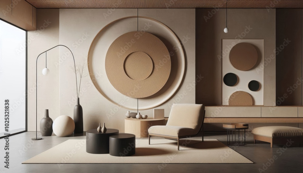 Minimalist interior design, neutral tones, circular textured wall art ...