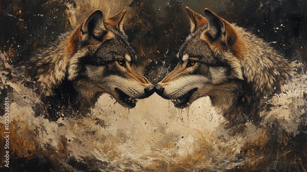 Two wolves face each other in a fierce and intense standoff, their ...